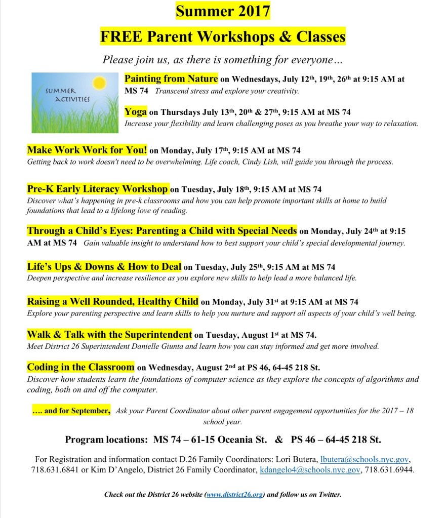 Summer D26 Workshops | P.S. 188Q Kingsbury School, Dream Believe Achieve